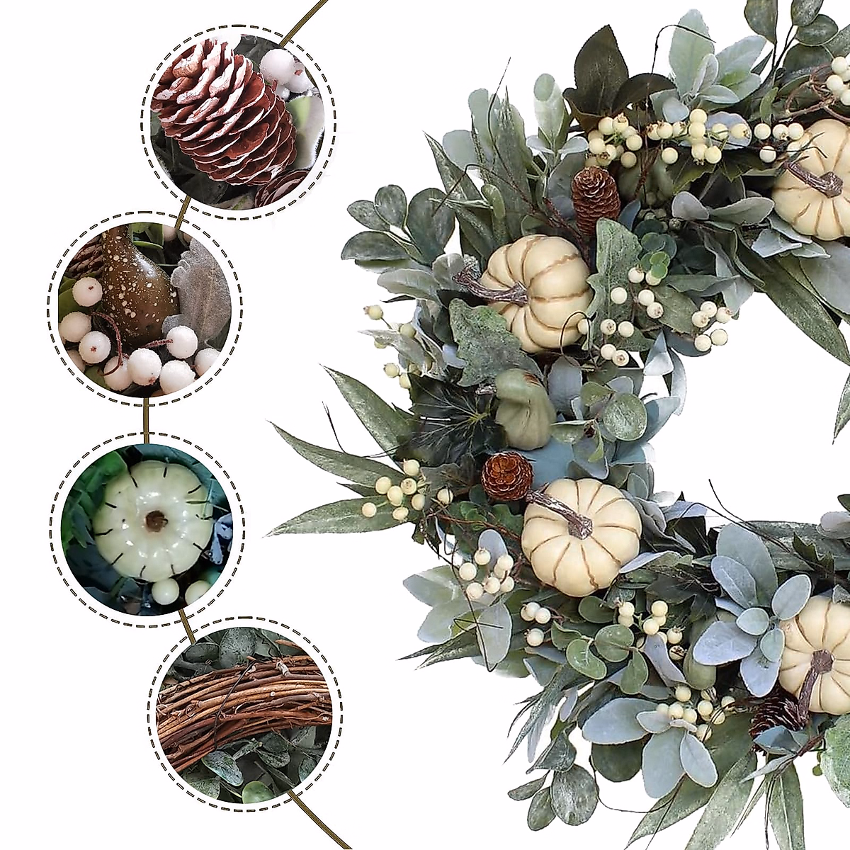 Fall Winter Thanksgiving Front Door Wreath, Winter Wreaths Autumn Flower Harvest Porch Wall Decor Artificial Orange Wreaths Garden Garland Farmhouse Decorations Pinecones Greeen Eucalyptus Foliage