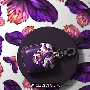 GuarzFun Leather AirPods 1st & 2nd case, AirPod case for Women Girls, AirPod Leather case with Secure snap Closure & Clip, Flower Leather AirPod case, Support Wireless Charging (Purple)