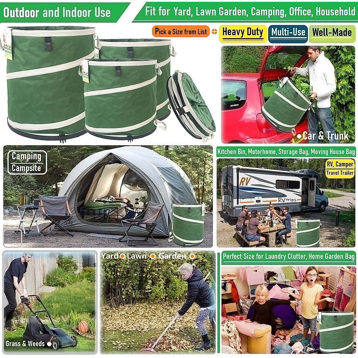 16 Gallon & 24 Gallon Collapsible Trash Can with Solid Bottom Yard Garden Bag for Pop-Up Trash Can,Recycling Bin,RV Camping Waste Bin,Home Laundry Hamper,Yard Waste Bag,Debris Bag,Lawn Grass,Leaf Bags