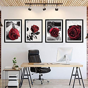 FWK Modern Black And White Photo Wall Art Red Rose Wall Art Paintings Set of 4 Rosy Floral Photo Decor for Bedroom Living Room Home Decor Gift Frameless (8 inchX10 inch Canvas Picture)