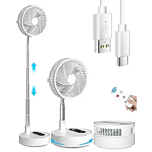 AICase Stand Fan, 9.5 inch Folding Portable Telescopic Floor/USB Desk Fan with 10000mAh Rechargeable Battery,4 Speeds Super Quiet Adjustable Height and Head Great for Office Home Outdoor Camping