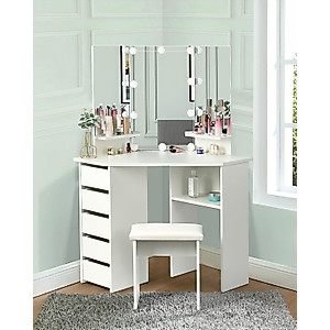 VOWNER Vanity Desk with Mirror and Lights - Vanity with 3 Lighting Options, Adjustable Brightness, Vanity Set with 5 Sliding Drawers, Shelves and Vanity Stool, Corner Vanity for Women Girls, White 43"