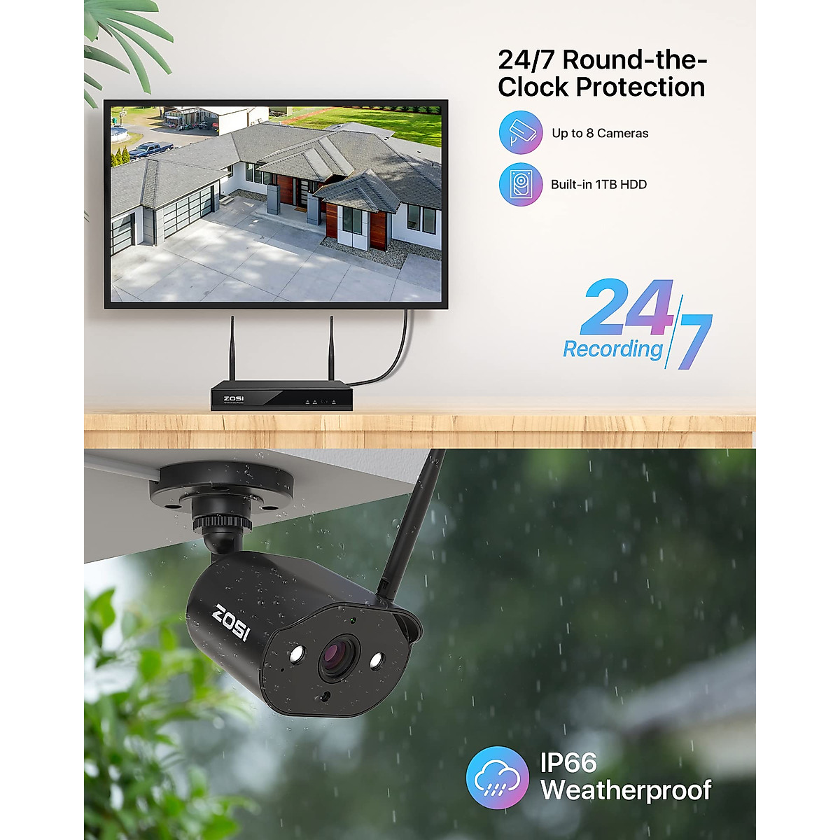 ZOSI 2K 3MP Wireless Security Camera System Outdoor Indoor, 4 x 3MP WiFi IP Camera and H.265+ 8CH NVR with 1TB Hard Drive for 24/7 Recording, Night Vision, Motion Alert, Remote Control