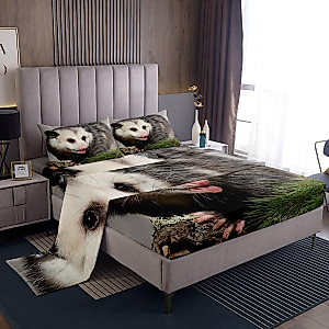 Opossum Bed Sheets Twin Size Possum Fitted Sheet for Kids Boys Girls Teens Adults Opossum Lovers Gift Bed Sheet Set Funny Animal Botanical Leaves Bedding Sheets Bedroom Decor Flat Sheets 3Pcs