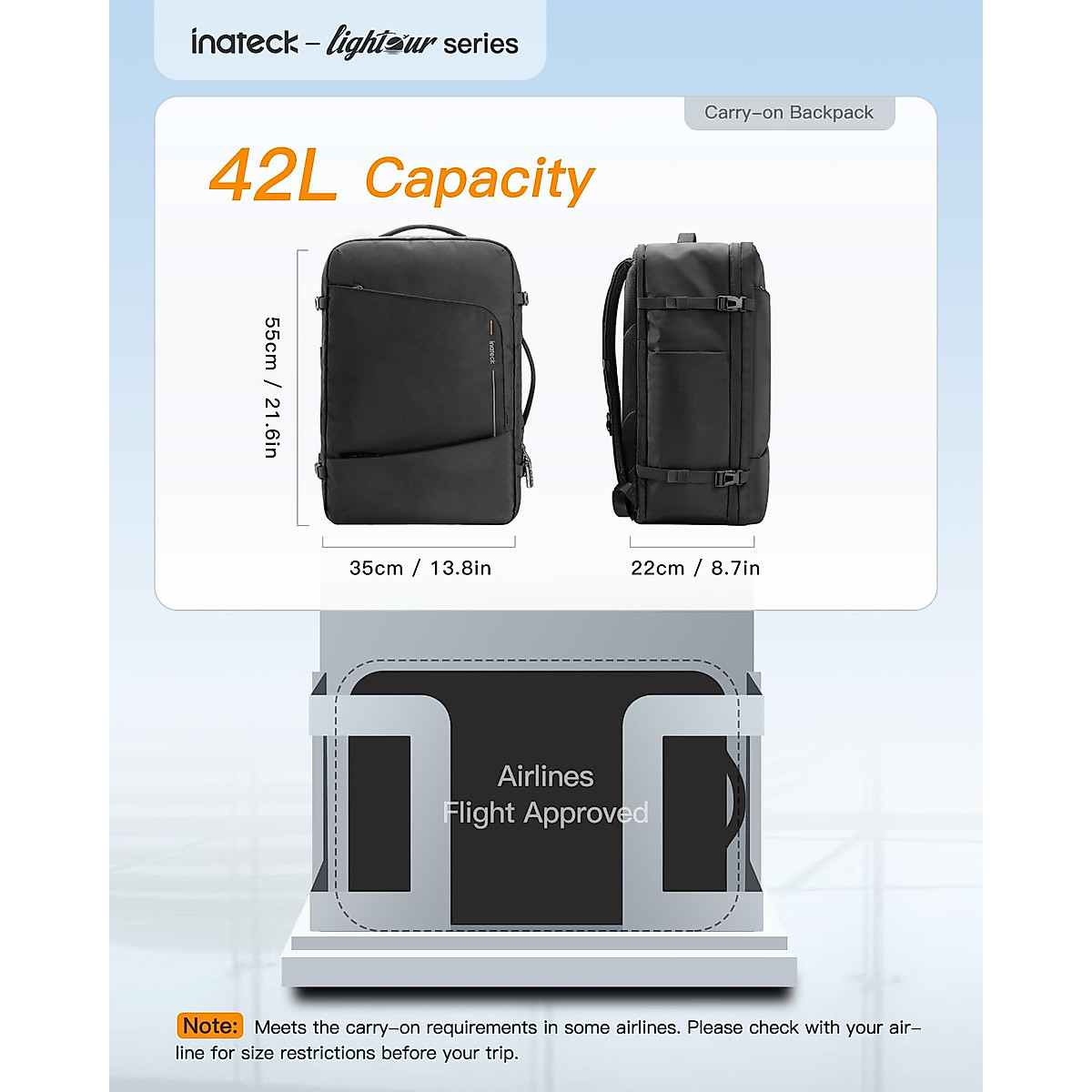 Inateck 42L Multiple Anti-theft Protections Travel Laptop Backpack,Splash-resistant Large Capacity Hand Luggage,Compatible with 17 Inch Laptop,Cabin Backpack for Business Trip and Outdoors