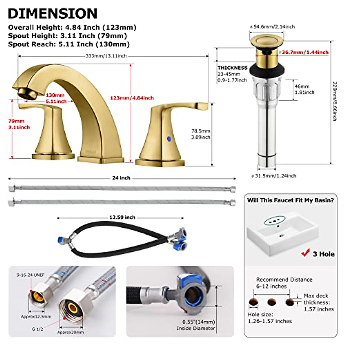 PARLOS 2-Handle Widespread Bathroom Faucet with Metal Pop Up Drain and cUPC Faucet Supply Lines, Brushed Gold, Doris 1417208