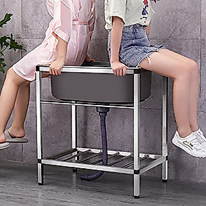 Free Standing Utility Sink Stainless Steel 1 Compartment Commercial Kitchen Sink Set Washing Station Hand Basin w/Cold Hot Water Pipe Faucet and Storage Shelves for Indoor Outdoor Laundry Garage (Col