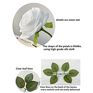 DSforG 25PCS White Flowers Silk Rose Artificial Flowers Real Touch Fake Rose w/Stem Faux Flowers Gift Box for Weddings Parties Floral Arrangements Arrangements Party Tables Decorations