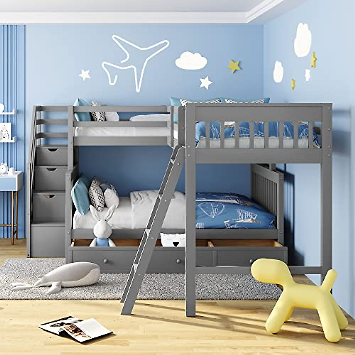 BOVZA Twin Over Full L-Shaped Bunk Bed Corner Loft Bunk Beds with Storage Drawers, Angled Ladder and Stairs, Wood Triple Bunk Bed for 3 Kids Teens Adults, Gray