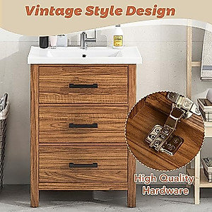 Poeyleja 24'' Bathroom Vanity with Ceramic Basin Sink, Modern Bathroom Storage Cabinet with 3 Drawers, Freestanding Bathroom Vanity Cabinet with Single Sink Natural Wood 24.4 * 18.3 * 33.8