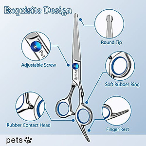 Pets vv Dog Grooming Scissors Kit with Safety Round Tips, Stainless Steel 5 in 1 Dog Grooming Supplies Shears Tools Comb Set, Professional Pet Grooming Scissors Thinning Curved Shears for Dogs & Cats