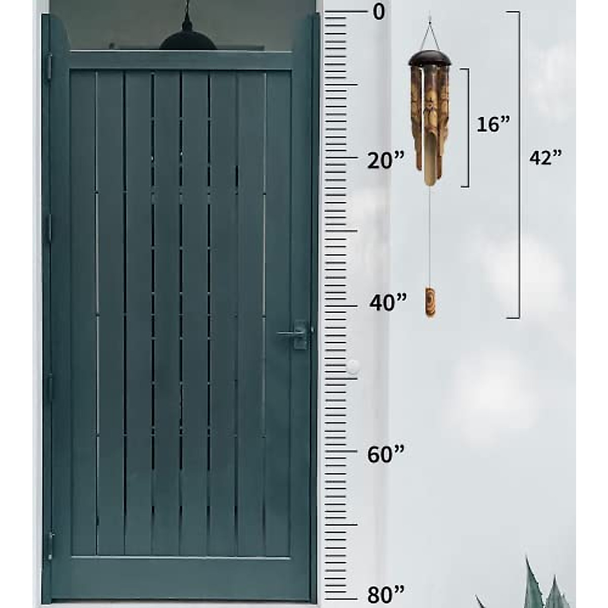 Nalulu Rustic Bamboo Wind Chimes - Outside Outdoor Wooden Windchimes, Medium, Floral Burned Design with Coconut Crown, Handcrafted with Calming Deep Tones, Home Decor Ideal Gift for Him & Her