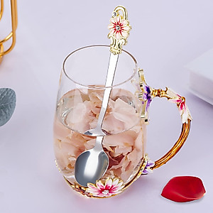 SHEEYEE Gift for Women Tea Cup with Spoon Enamel Daisy Flower Glass Teacup Tea Sets for Women Mother's Day Christmas Birthday Valentine's Day