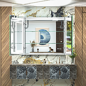 TokeShimi 40x32 Surface Mount Medicine Cabinet Mirror with Electrical Outlet, Frontlit Anti-Fog 3 Colors Temperature Dimmable Surface or Recessed Mount for Bathroom Vanity and Modern