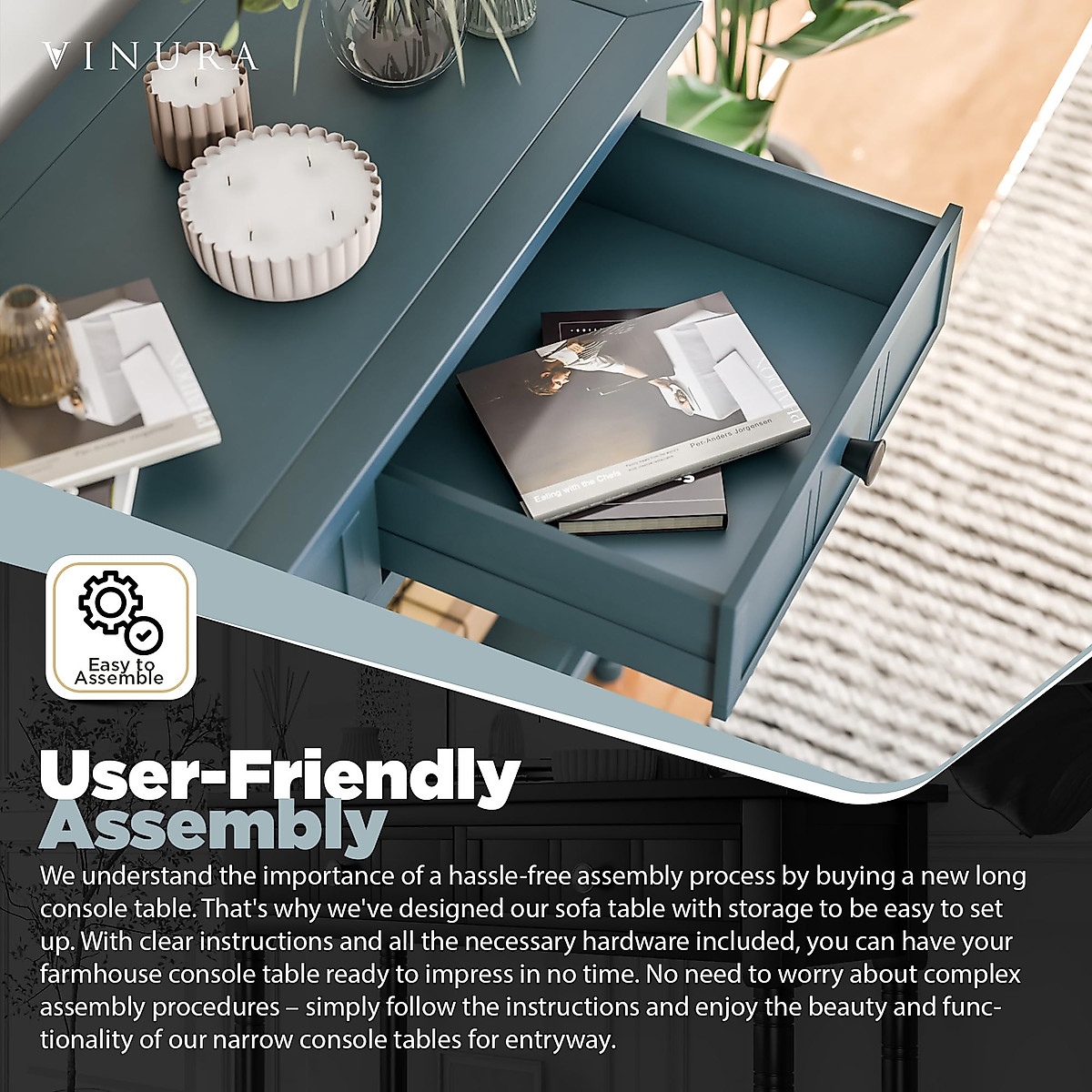 Venera Traditional Console Tables with Storage for Living Room - Solid Pine Wood Navy Blue 35 Inch Narrow Console Table with Storage for Kitchen or Entryway - Retro Hallway Table for Entryway