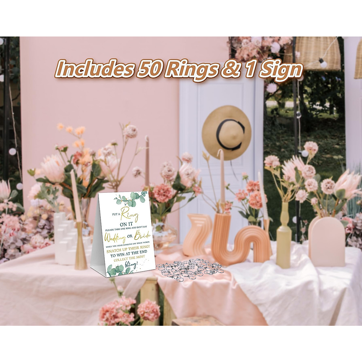 Eucalyptus Bridal Shower Theme Decorations,Put A Ring On It Game,Don't Say Bride Games,Bridal Shower Games,Wedding Shower,Engagement Party Games(1 Sign And 50 Plastic Diamond Rings)-1