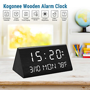 Kogonee Wooden Digital Alarm Clock, 0-100% Dimmer, 2 Alarm Settings, Weekday/Everyday Mode, 9 Mins Snooze, 12/24H, Temperature and Date Display for Office, Travel, Bedroom Alarm Clock (Black)