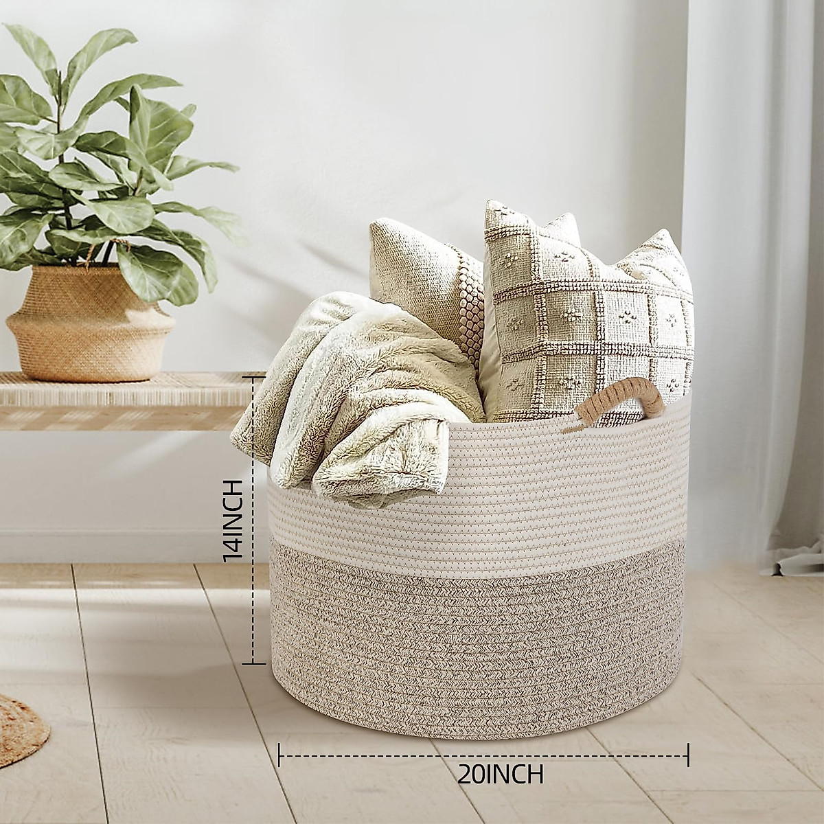 Large Cotton Rope Woven Laundry Basket (20"x14"), Blanket Basket for Living Room, Wicker Laundry Basket with Handle, Clothes Hamper, Round Storage Basket for Clothes, Hamper for Bedroom Aesthetic