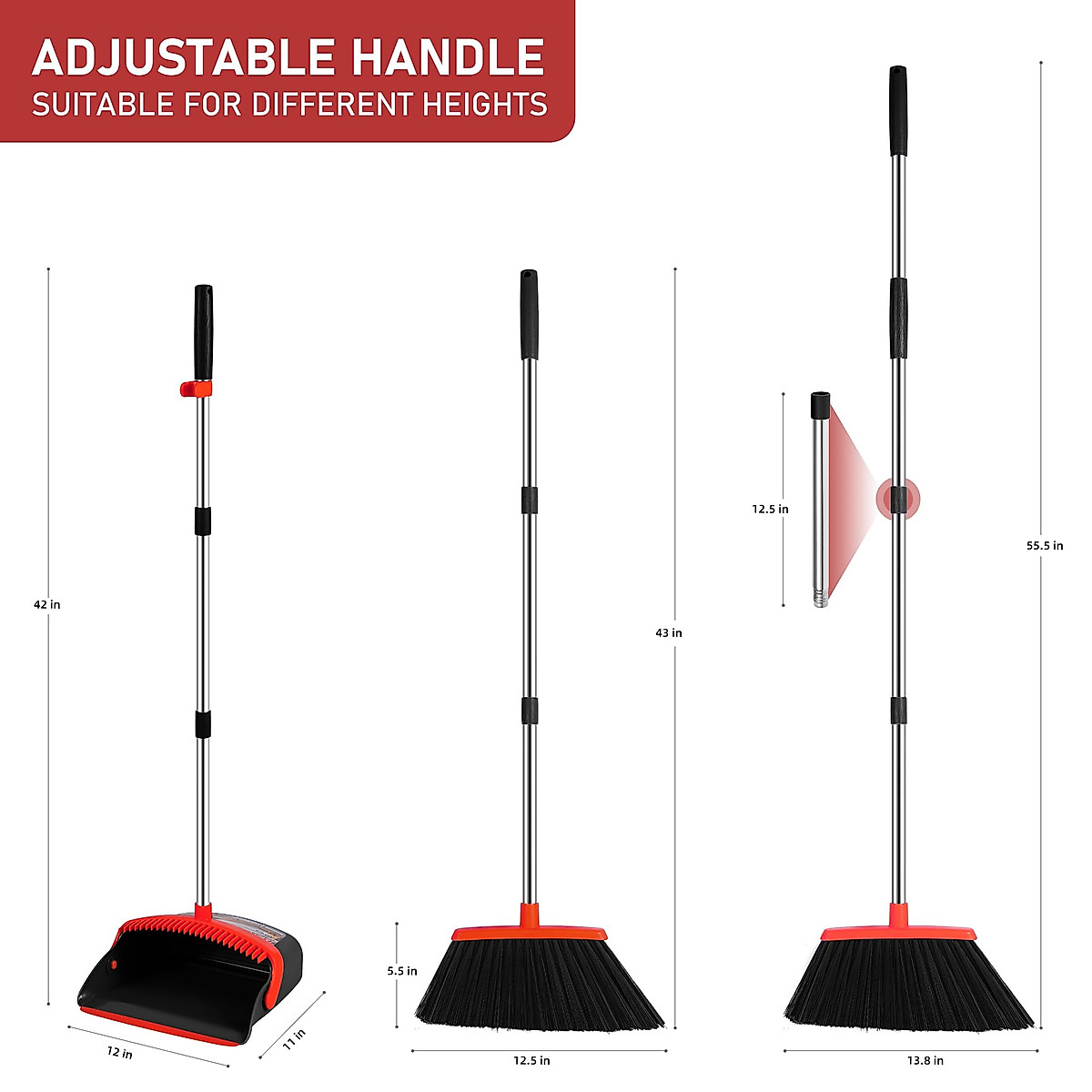 Broom and Dustpan Set,55-in Long Adjustable Handle Broom with Dustpan Combo for Sweeping Home Office Kitchen Lobby Floor Pet Hair Indoor&Outdoor Cleaning (Black and Red)