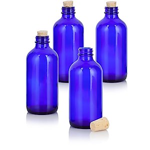JUVITUS (4 Pack) 8 oz Cobalt Blue Boston Round Thick Plated Glass Bottle with Cork Stopper