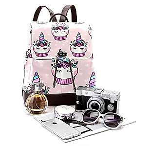Cute Unicorn Cupcake Pattern Backpack for Women Fashion PU Leather Daypacks Anti-Theft Shoulder Bag Satchel