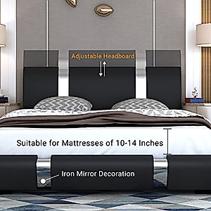 Benevika Bed Frame Queen Size with Adjustable Headboard, Modern Low Profile Platform Bed with Faux Leather,Mattress Foundation with Solid Wooden Slats Support,No Box Spring Needed,Black