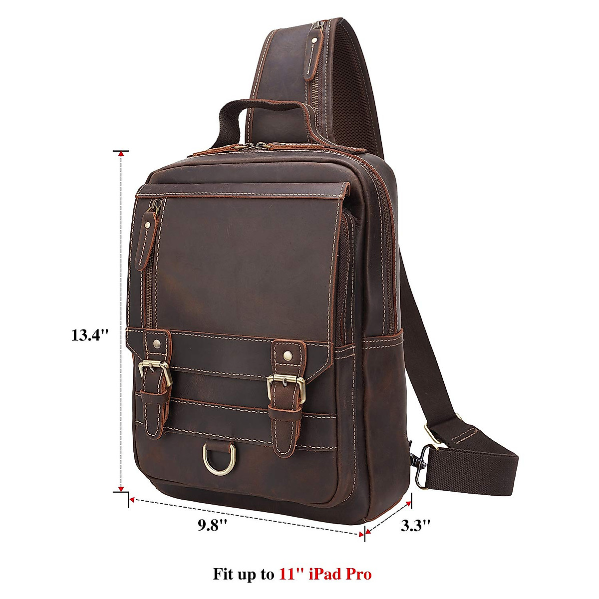 compalo Thick Full Grain Leather Sling Bag Shoulder Backpack Travel Rucksack Casual Crossbody Bag