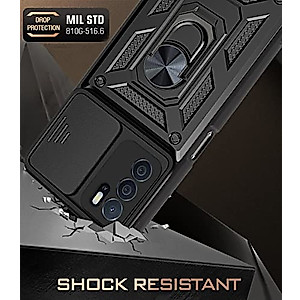 CCSmall Sturdy Case for Oppo A16 with Slide Camera Window, Heavy Duty Protection Phone Cover Case with Ring Stand for Oppo A16/A16s/A54s SJ Black