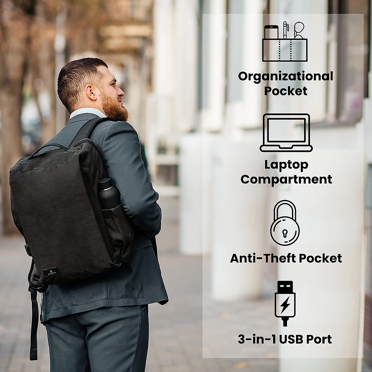 Nordace Siena II Smart Travel Backpack with USB Charging Port, Water Resistant - Everyday 15.6 Inch Laptop Backpack for Travel, Work & School (Black)