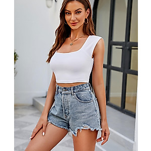 VIDUSSA Summer Crop Tops for Women - Stretchy Casual Rib-Knit Square Neck Shirt Tank Tops White L