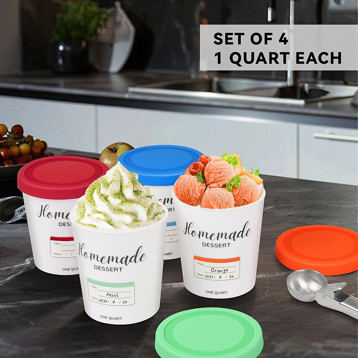 DIKENLAND Ice Cream Containers for Homemade, 4 Pack Ice Cream Containers Set 1 Quart Each, Reusable Ice Cream Storage Containers for Freezer with Silicone Lids, Stickers and Scoop