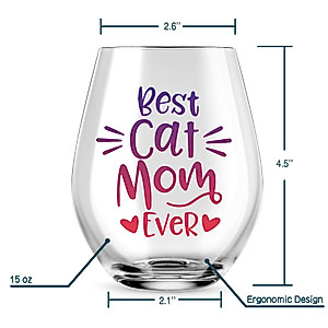 Best Cat Mom Ever Funny Stemless Wine Glass, Cat Lover Gifts for Cat Dad, Cat Mom, Women, Veterinarian, Animal Rescue, Vet Tech, Perfect for Birthday, Valentines