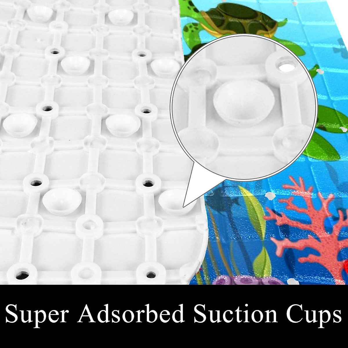 Shower Bath Mat (14.7x26.9 in) Cartoon Turtle Underwater Massage Textured Rectangle for Bathroom Showers, Tub