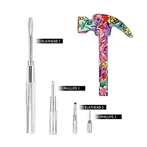 YOUMI 6 in 1 Multifunctional Floral Hammer & Screwdriver Tool Set Claw Hammer with Slotted/Flat Head Phillips Screwdriver Nail Puller Best Christmas Thanksgiving Halloween Gift for Her(Pink)