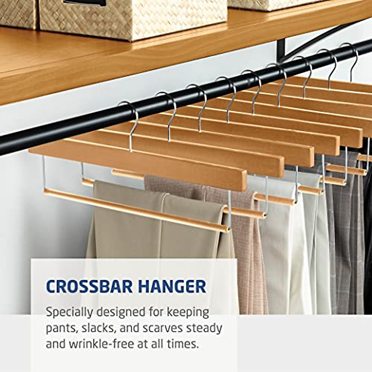 High-Grade Wooden Slack/Trouser Pants Hangers with Non Slip Bar (10 Pack) Smooth Finish, Durable Wooden Hangers - Slim & Sleek Space Saving Closet Hangers, 360° Hook- Ideal for Pant, Jeans, Slacks Etc