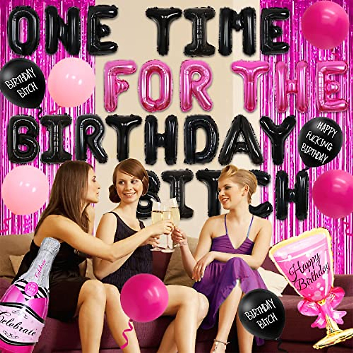 One Time for the Birthday Bitch Decorations for Girls Women Hot Pink - Balloon Banner Fringe Curtain Birthday Girl Sash Champagne Wine Glass Black Prints Balloon for Funny 18th 25th 30th 40th Bday