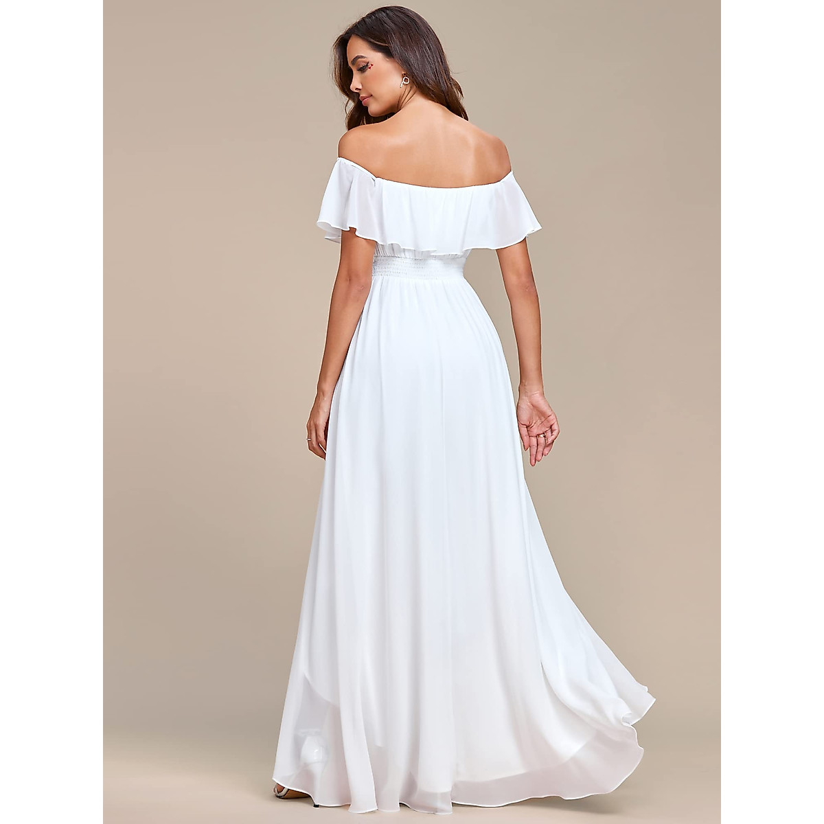 Ever-Pretty Women's Off Shoulder Ruffle Sleeve High Low A Line Chiffon White Bridesmaid Dress White US18