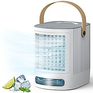 3-IN-1 Portable Air Cooler, USB Powered Desktop Cooling Fan, 3 Levels Spray Humidify & 3 Speeds Personal Air Conditioner Fan w/8 Night Light Modes, Evaporative Air Cooler for Small Room/Office/Camping