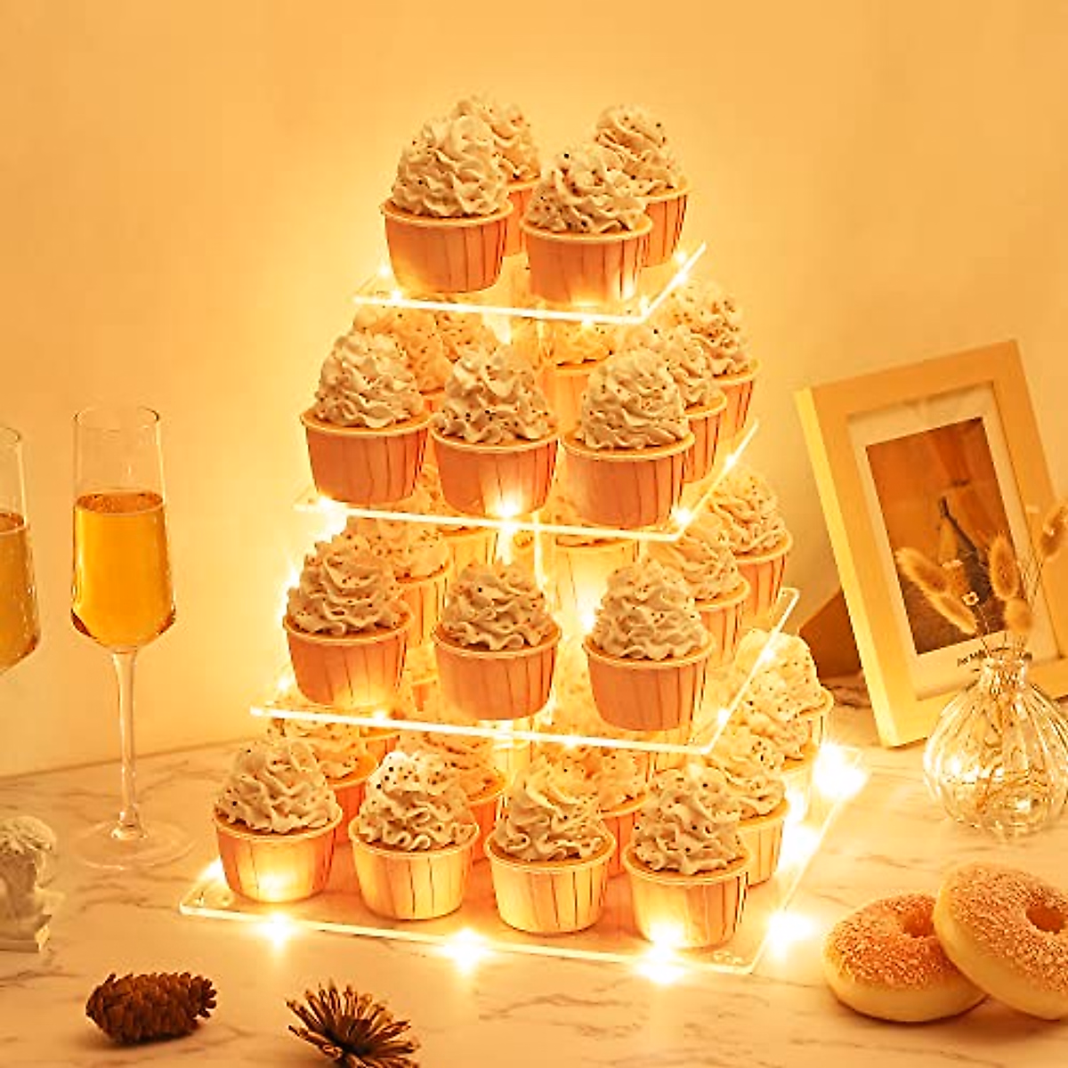 4 Tier Cupcake Stand with LED String Light, Acrylic Display Stand, Square Tower Holder, Cup Cake for Birthday, Wedding, Baby Shower, Party