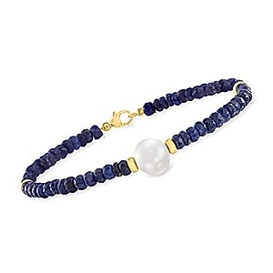 Ross-Simons 9-10mm Cultured Pearl and 22.00 ct. t.w. Sapphire Bead Bracelet in 14kt Yellow Gold. 7.25 inches