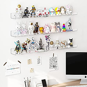 Fixwal Acrylic Shelves, 15 Inch Floating Wall Mounted Shelves, Clear Funko Pop Display Case, Invisible Bookshelf, Wall Decor for Kids and Bathroom Storage, Set of 6