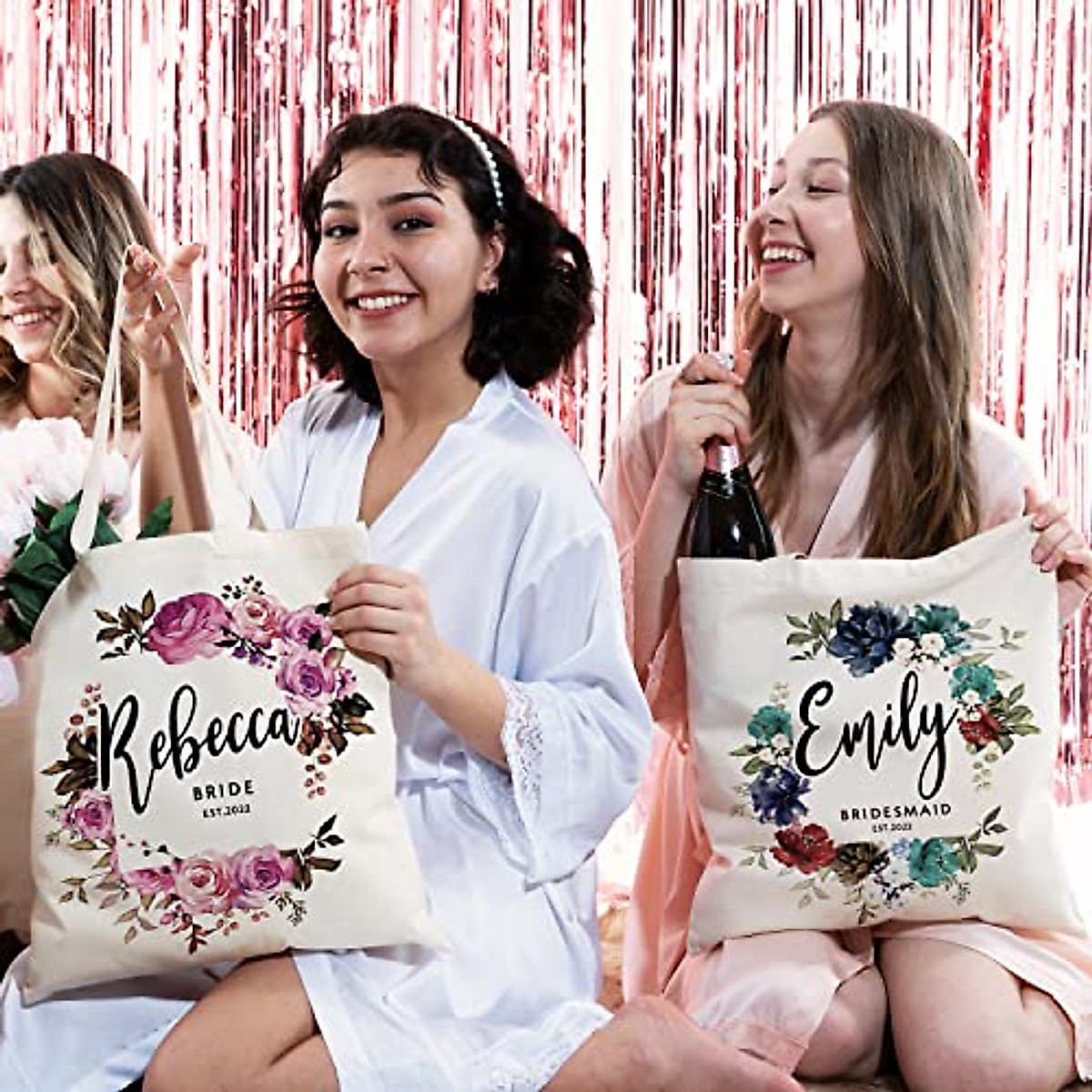 Personalized Wedding Gift Bags for Women w/Name & Text - 6 Floral Designs Customized Bridesmaid Canvas Bag Custom Flower Bride Shoulder Bachelorette Party Bridal Shower Tote C1, Beige