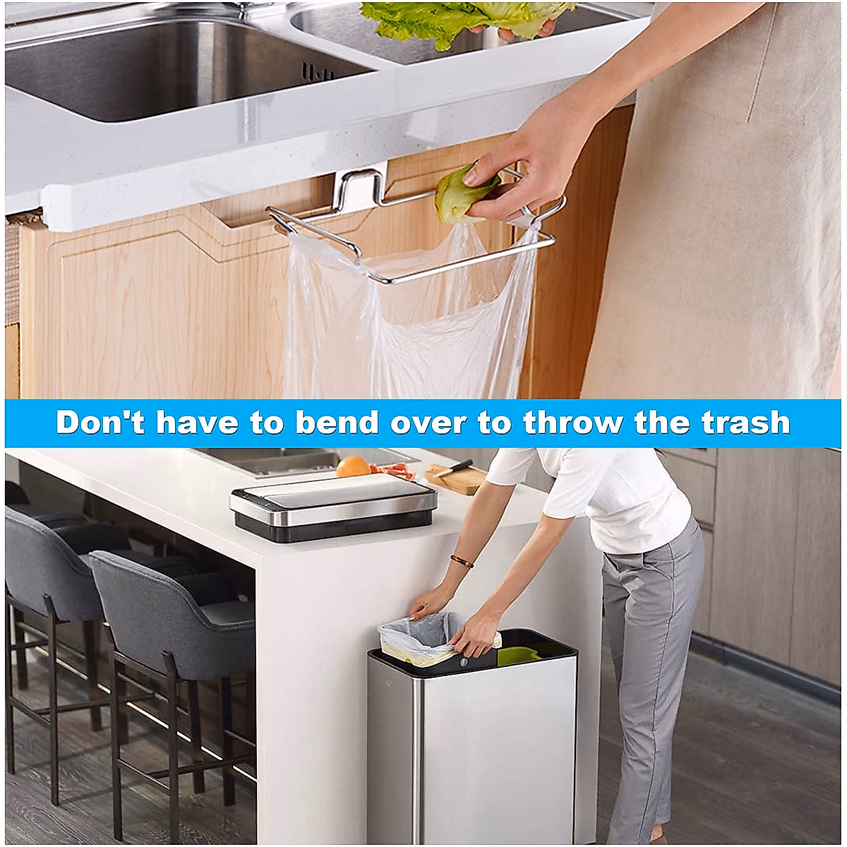 4 PCS Stainless Steel Trash Bag Holder for Kitchen Cabinet Door Cupboards, Under Sink Hanging Garbage Bag Holder, Metal Over Cabinet Door Trash Bag Holder for Kitchen RV Camper (Silver)