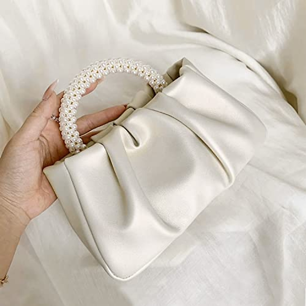 Beatfull Evening Purse Women Pearl Handbags Soft Leather Ruched Bag Bridal Clutch for Wedding Party Prom Crossbody Purses White