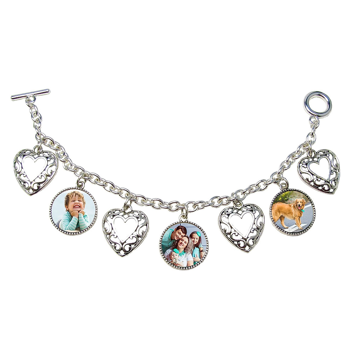 Holly Road Portrait Photo Silver Heart 3 Photo Charm bracelet Personalized Upload Your Photos