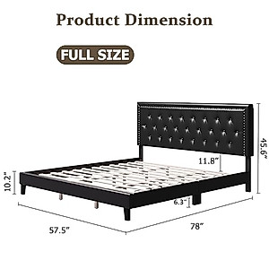 Homhougo Full Size Bed Frame with Adjustable Headboard, Upholstered Platform Bed with Button Tufted Faux Leather Headboard, Wood Slat Support, Noise-Free, No Box Spring Needed, Easy Assembly, Black