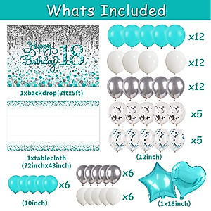 18th Birthday Decorations for Girls Teal Happy 18th Birthday Backdrop ,18 Birthday Sash ,Teal Blue Balloons Garland Kit and Teal Dot Disposable Tablecloth