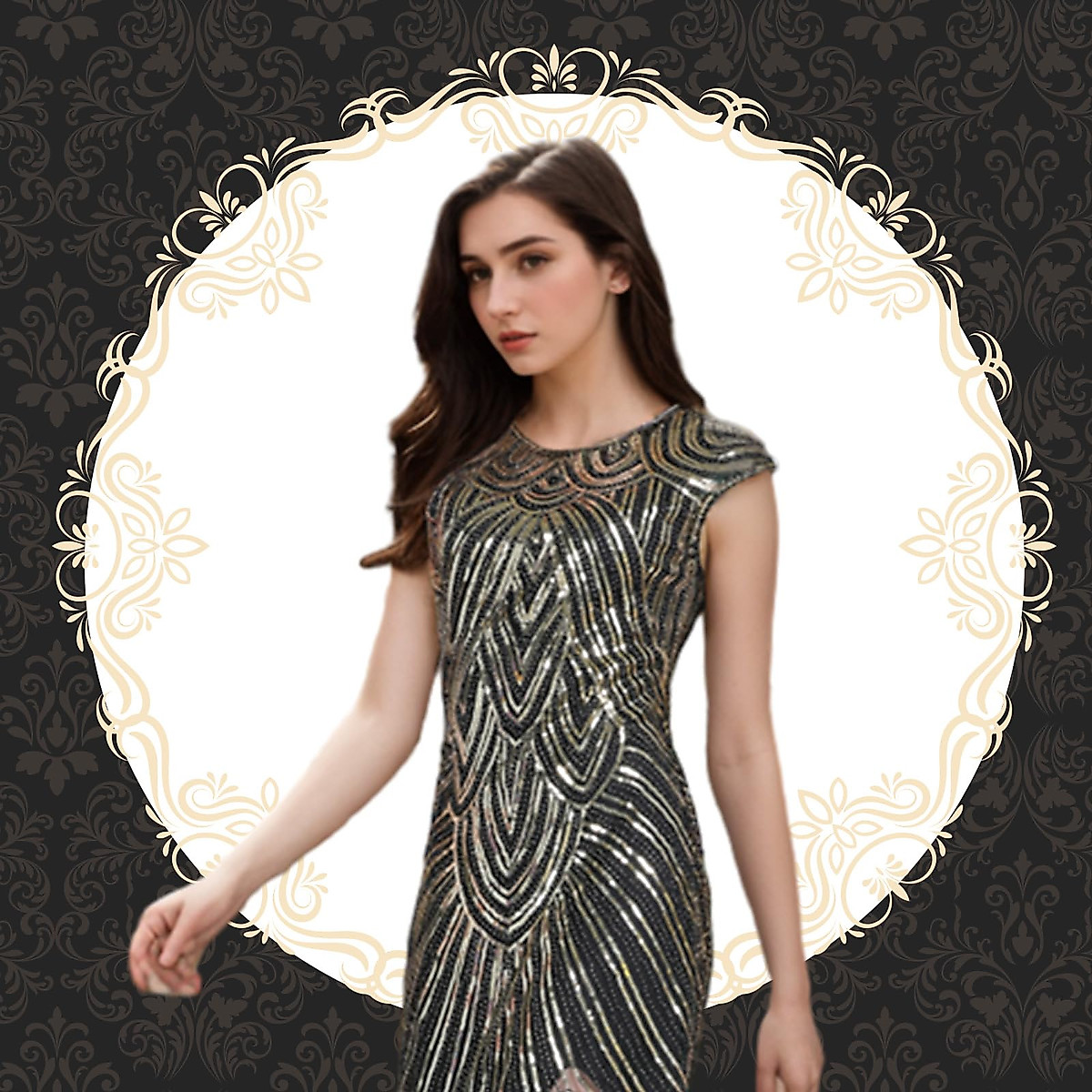 PLULON 1920s Sequin Beaded Fringed Flapper Dress Great Gatsby Dresses for Women with roaring 20s Costumes Accessories Set (Gold and Black,XLarge)