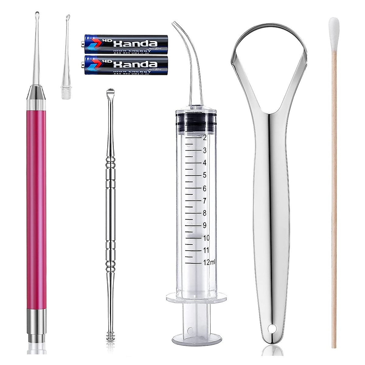 Xuke Tonsil Stone Remover Tool LED Light,Stainless Steel Tonsillolith Pick Oral Care Kit,100 Long Swabs,Stainless Steel Tongue Cleaner Scraper (medium size)