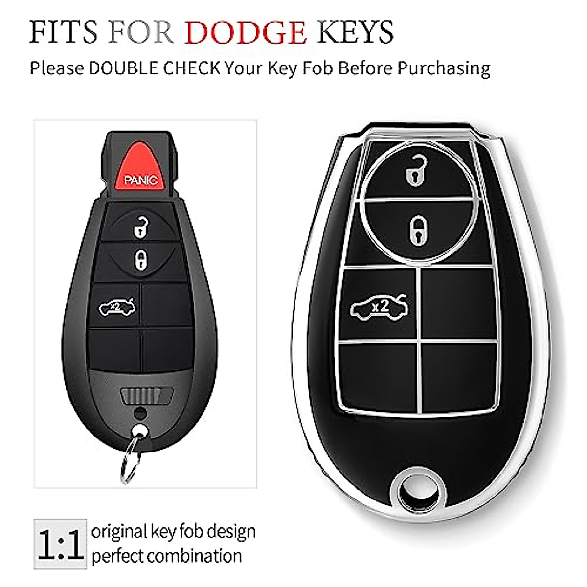 OFFCURVE for Dodge Key Fob Cover, Car Cover Case Chrysler 300 Durango Challenger Grand Caravan Journey Charger Smart Keyless Control Holder Protector Accessories, Silver Black